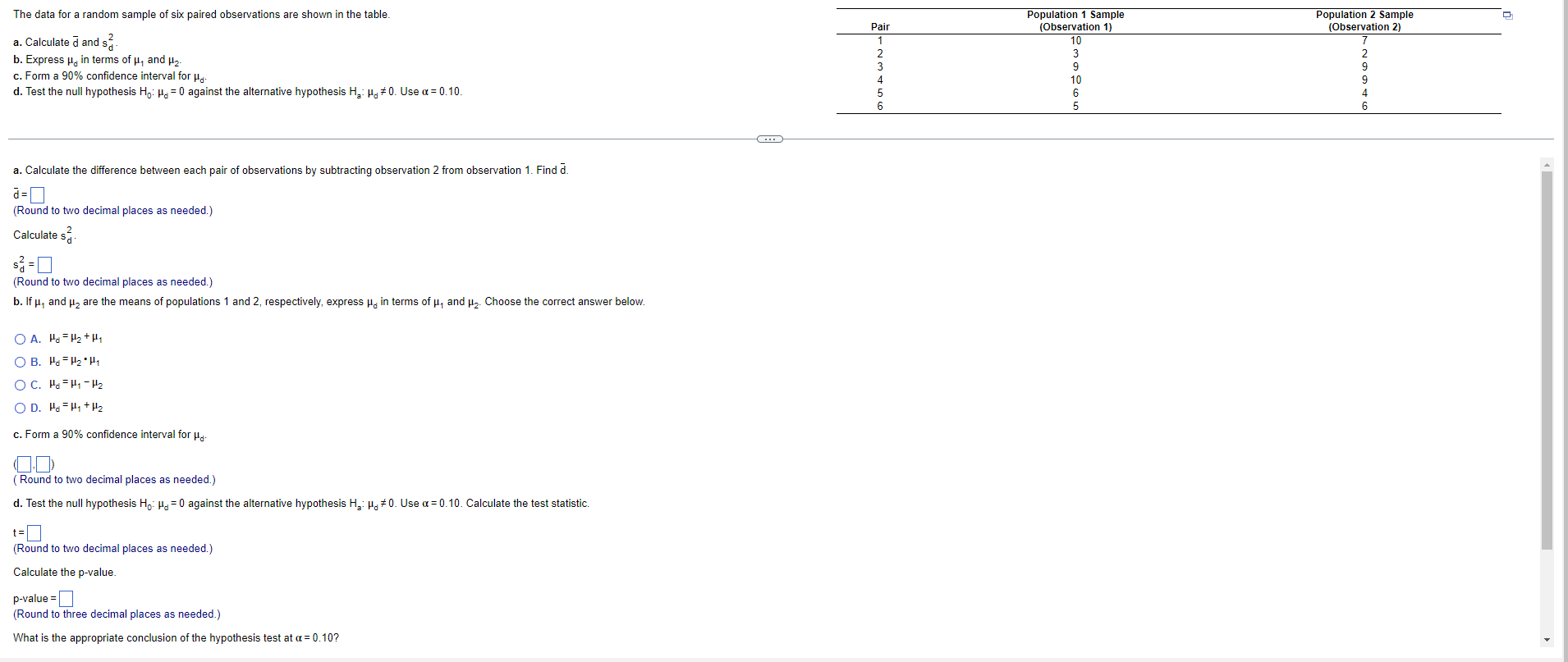 Solved Population 1 Sample (Observation 1) 10 Population 2 | Chegg.com