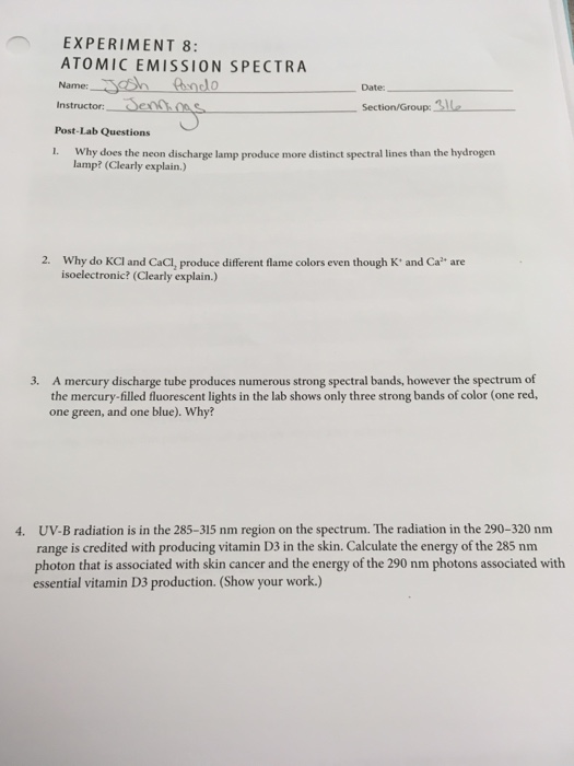 Solved ? EXPERIMENT 8: ATOMIC EMISSION SPECTRA Date: | Chegg.com