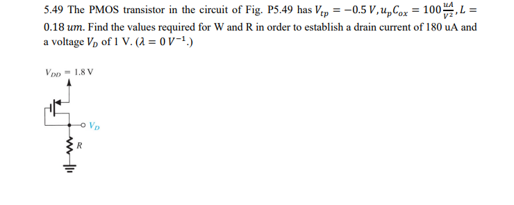 Solved = 5.49 The PMOS transistor in the circuit of Fig. | Chegg.com