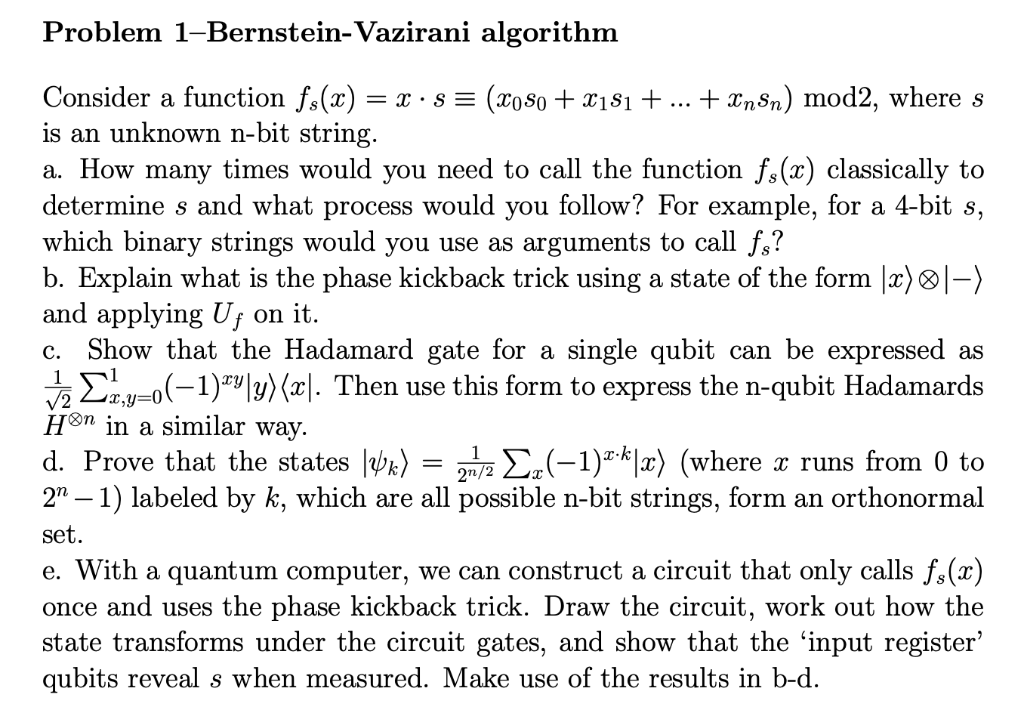 Problem 1-Bernstein-Vazirani algorithm Consider a | Chegg.com