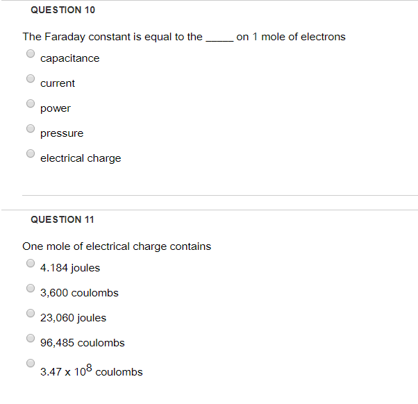 Solved QUESTION 10 The Faraday constant is equal to the on 1 | Chegg.com