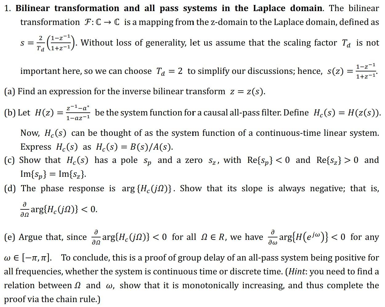 Solved 1 Bilinear Transformation And All Pass Systems In