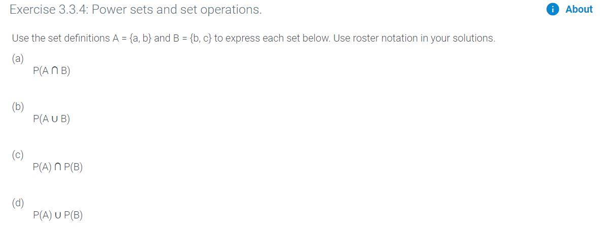 Solved Exercise 3.3.4: Power sets and set operations. i | Chegg.com