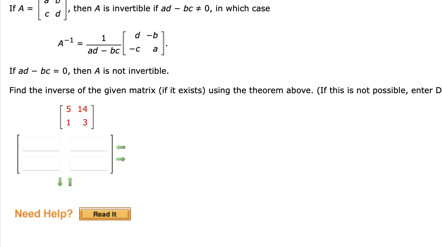 Solved If A=[dcbd], then A is invertible if ad−bc =0, in | Chegg.com