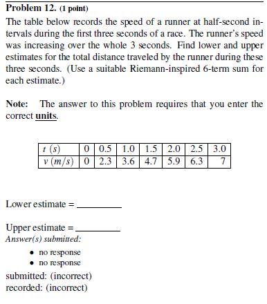 Solved Problem 12. (1 point) The table below records the | Chegg.com