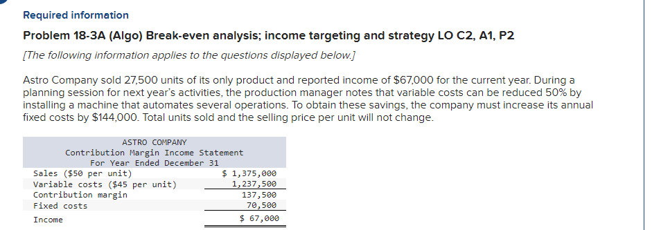 Solved Problem 18-3A (Algo) Break-even analysis; income | Chegg.com