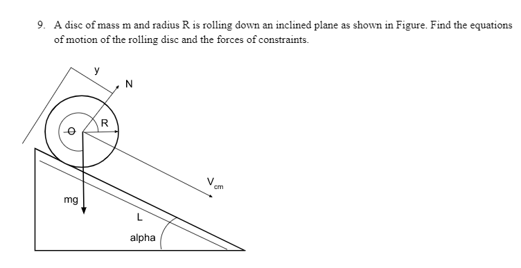 Solved 9. A disc of mass m and radius R is rolling down an | Chegg.com