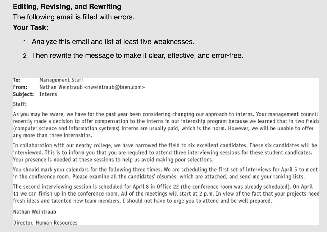 Solved Editing, Revising, and Rewriting The following email | Chegg.com