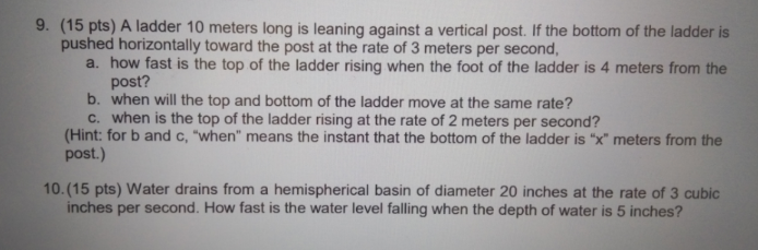 9. (15 pts) A ladder 10 meters long is leaning | Chegg.com