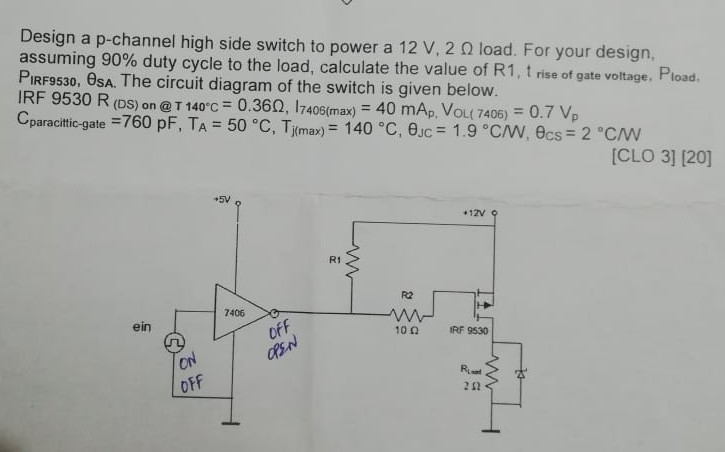 Solved Design a p-channel high side switch to power a 12 V, | Chegg.com