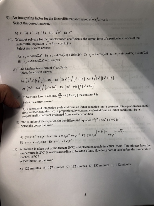 Solved 9) An integrating factor for the linear differential | Chegg.com