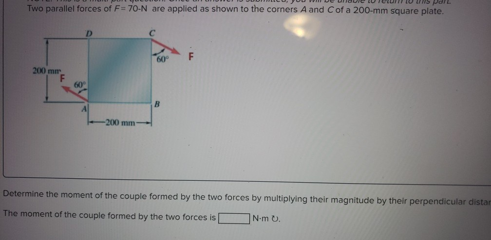 Solved Two parallel forces of F= 70-N are applied as shown | Chegg.com