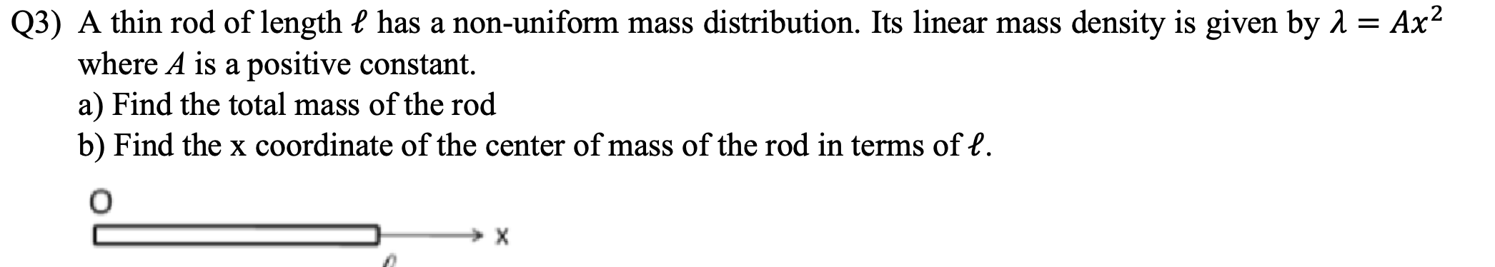 Solved Q3) A thin rod of length ℓ has a non-uniform mass | Chegg.com