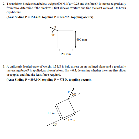 Solved 2. The uniform block shown below weighs \\( 600 | Chegg.com
