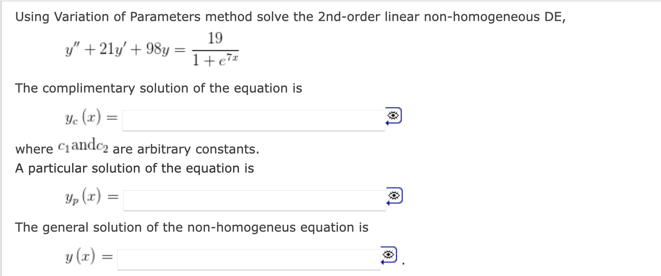 Solved Using Variation of Parameters method solve the 2 | Chegg.com