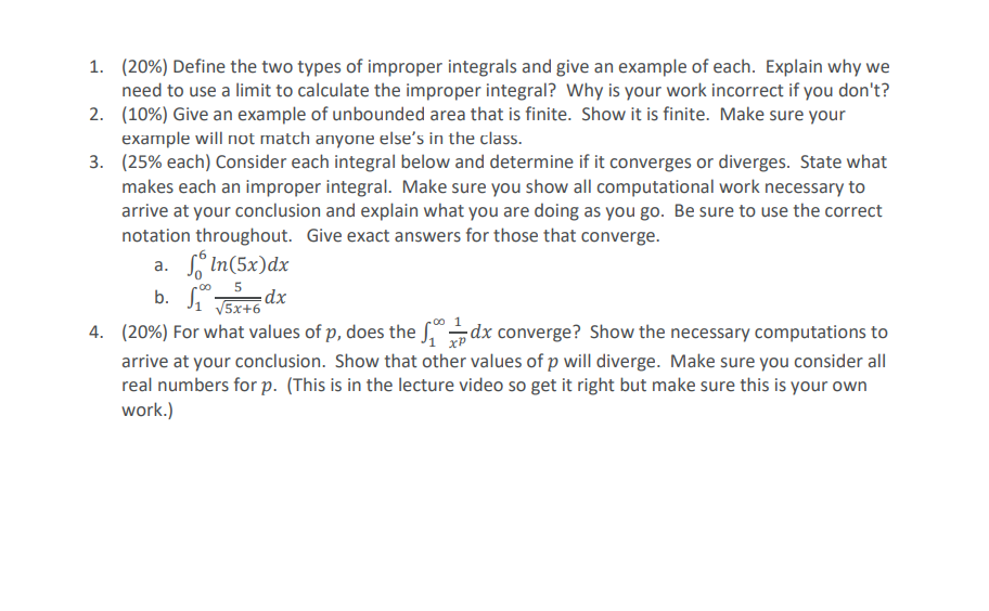 Solved 1. (20\%) Define the two types of improper integrals | Chegg.com
