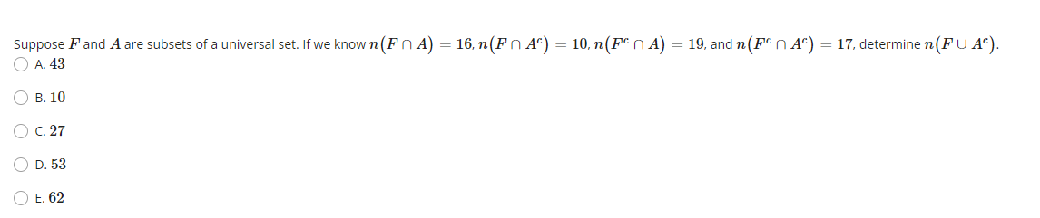 Solved Suppose F and A are subsets of a universal set. If we | Chegg.com