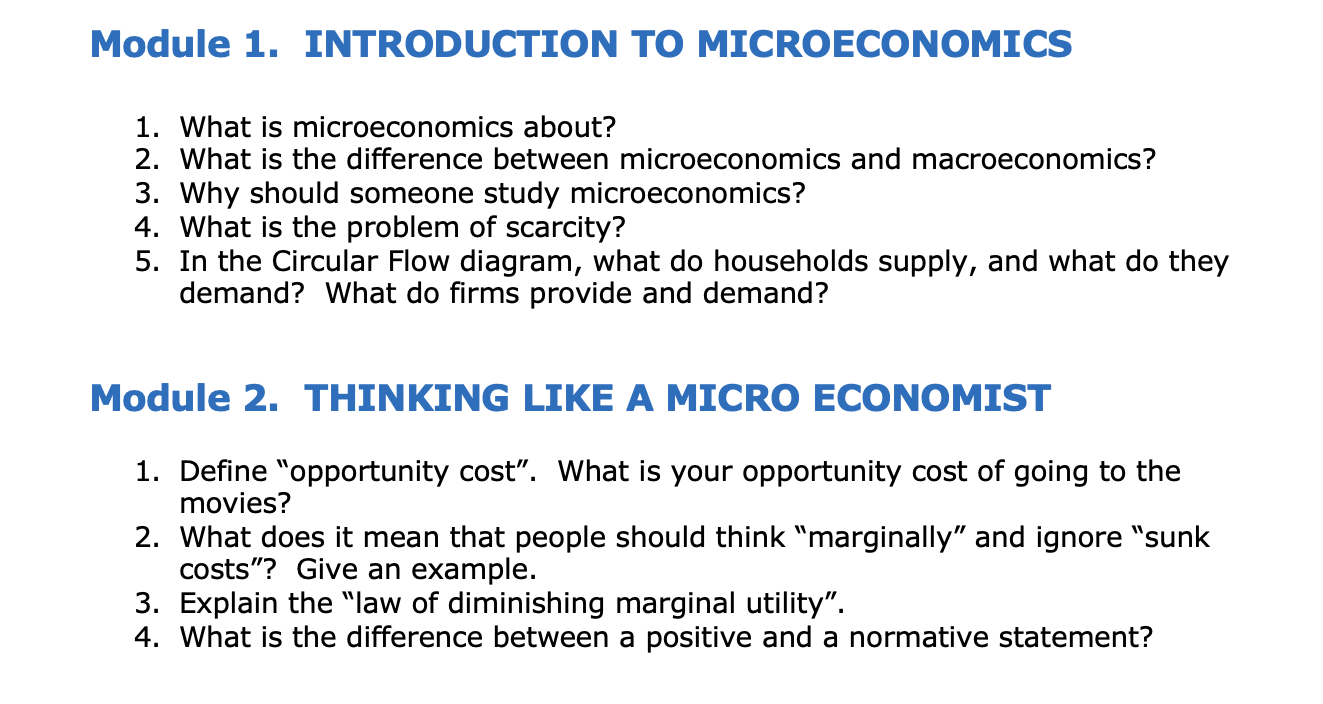Solved Module 1. INTRODUCTION TO MICROECONOMICS 1. What is | Chegg.com