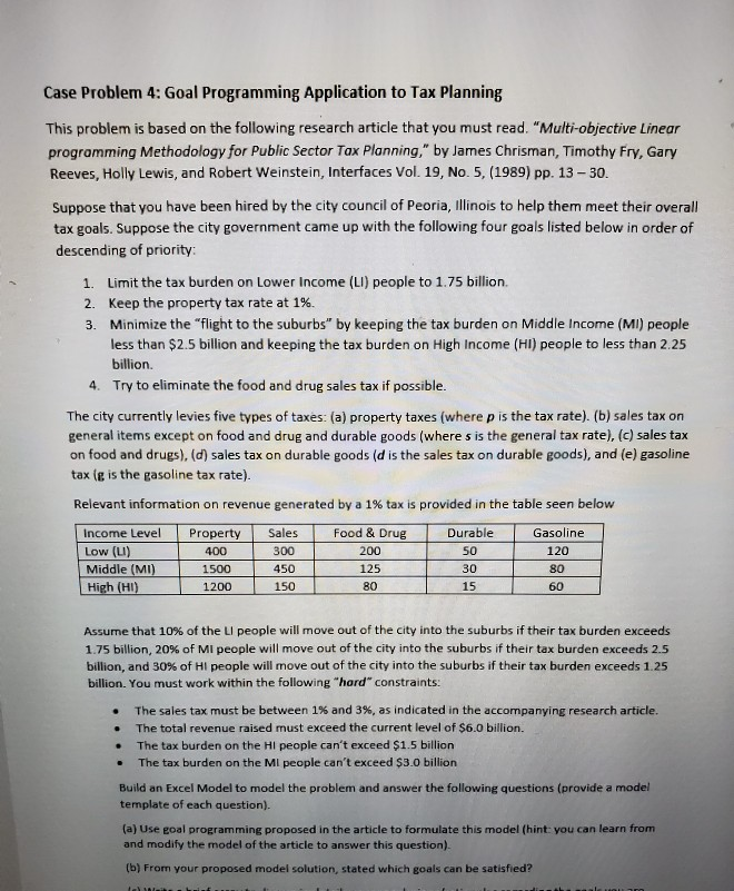 Case Problem 4: Goal Programming Application to Tax | Chegg.com