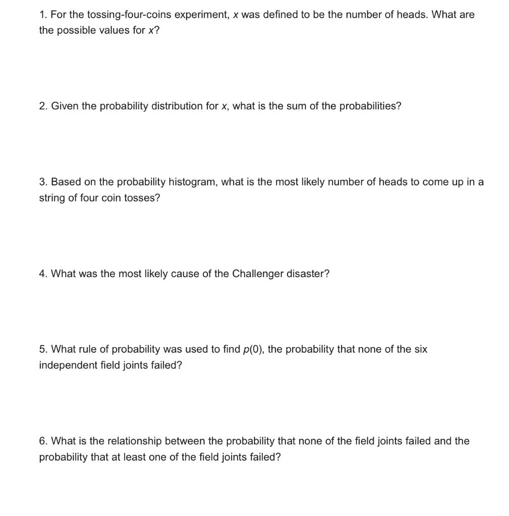 Solved 1. For the tossing-four-coins experiment, x was | Chegg.com