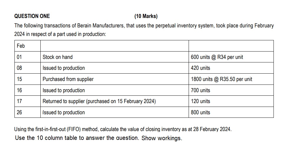 Solved QUESTION ONE(10 ﻿Marks)The following transactions of | Chegg.com
