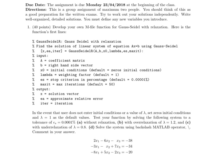 Solved Develop your own M-file function for Gauss-Seidel | Chegg.com