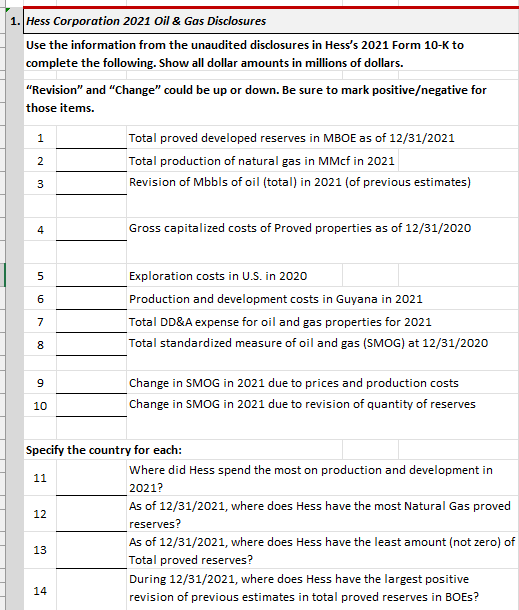 Solved 1. Hess Corporation 2021 Oil \& Gas Disclosures Use | Chegg.com