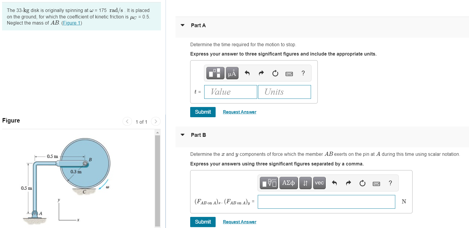 Solved The 33-kg disk is originally spinning at w = 175 | Chegg.com