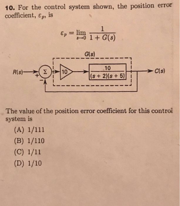 Solved 10. For the control system shown, the position error | Chegg.com