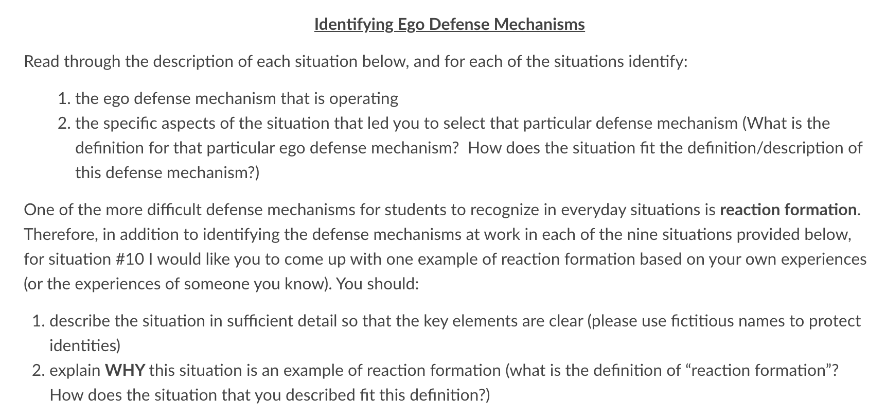Solved Identifying Ego Defense Mechanisms Read through the | Chegg.com