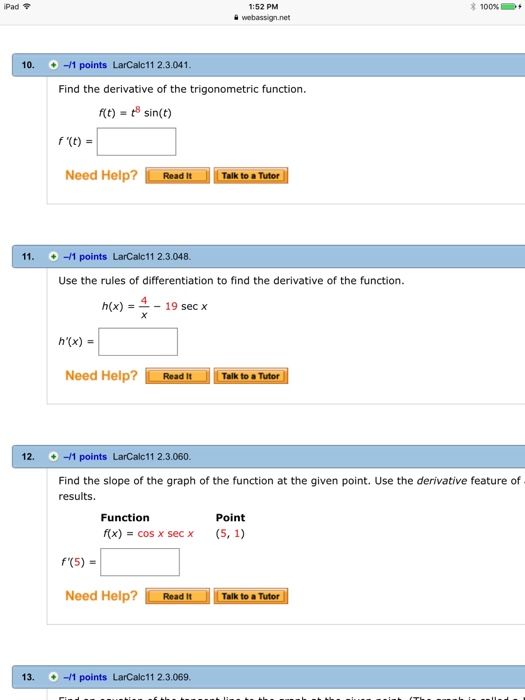 Solved iPad ? :52 PM 10· 0-11 points LarCalc11 2.3.041 Find | Chegg.com Solved iPad ? :52 PM 10· 0-11 points LarCalc11 2.3.041 Find | Chegg.com