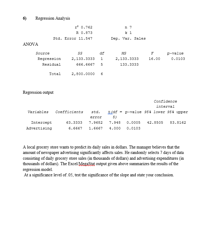 Solved 6) Regression Analysis r? 0.762 R 0.873 Std. Error | Chegg.com