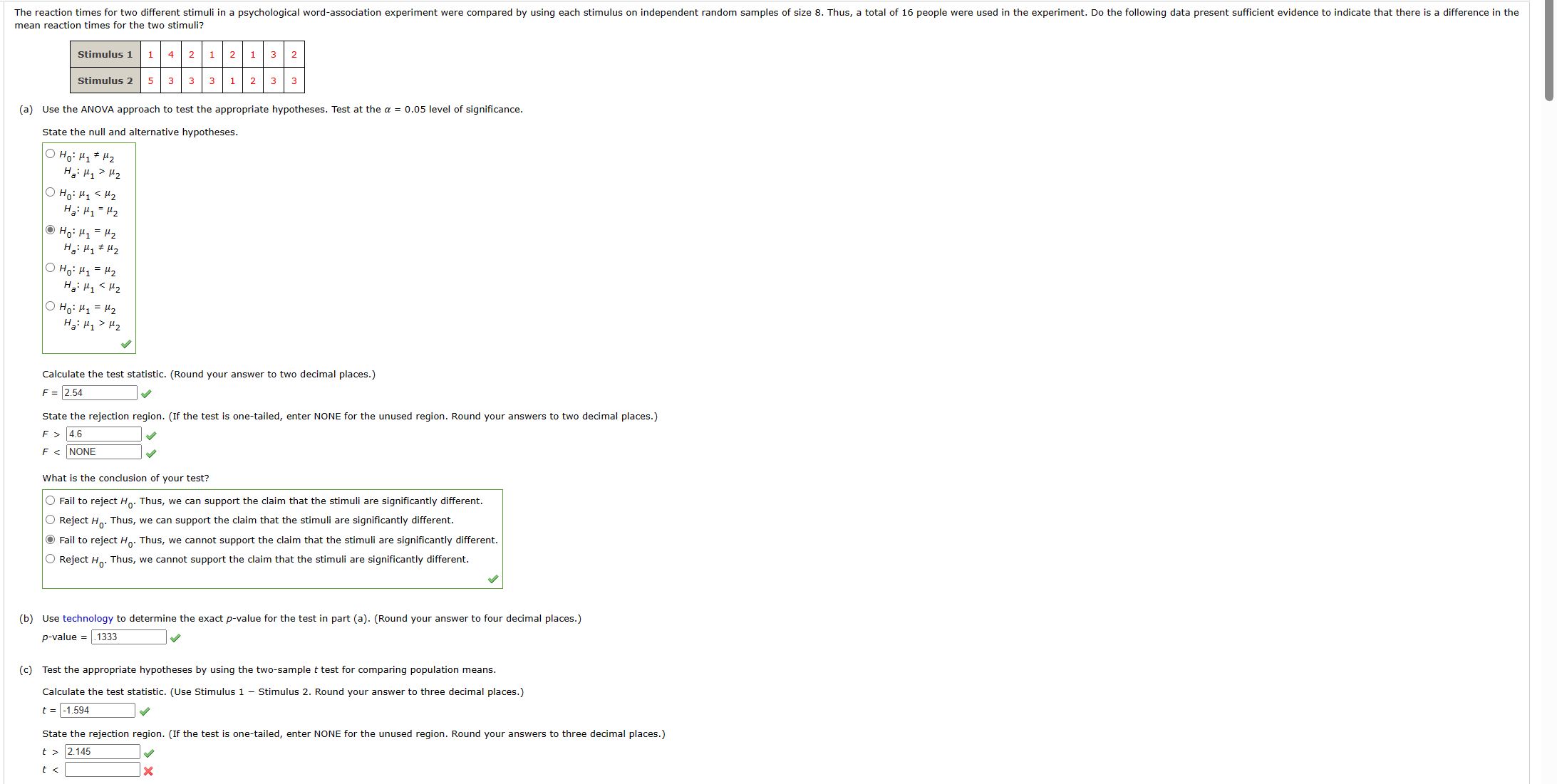 Solved mean reaction times for the two stimuli? (a) Use the | Chegg.com