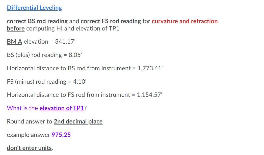 Solved Differential Leveling correct BS rod reading and | Chegg.com