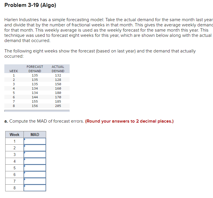 Solved Harlen Industries has a simple forecasting model: | Chegg.com