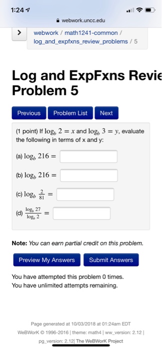 Solved 1:24 a webwork.uncc.edu Log and ExpFxns Review | Chegg.com