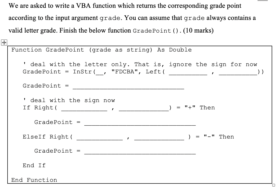 Solved We are asked to write a VBA function which returns | Chegg.com