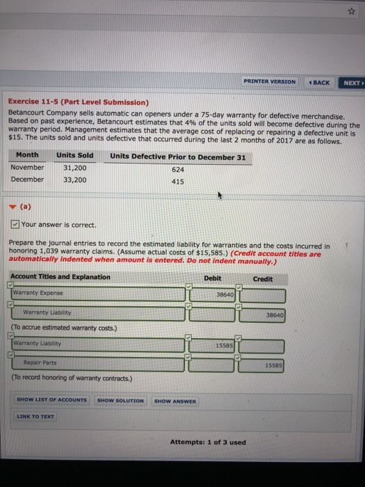 Solved PRINTER VERSIONBACK NEXT Exercise 11-5 (Part Level | Chegg.com
