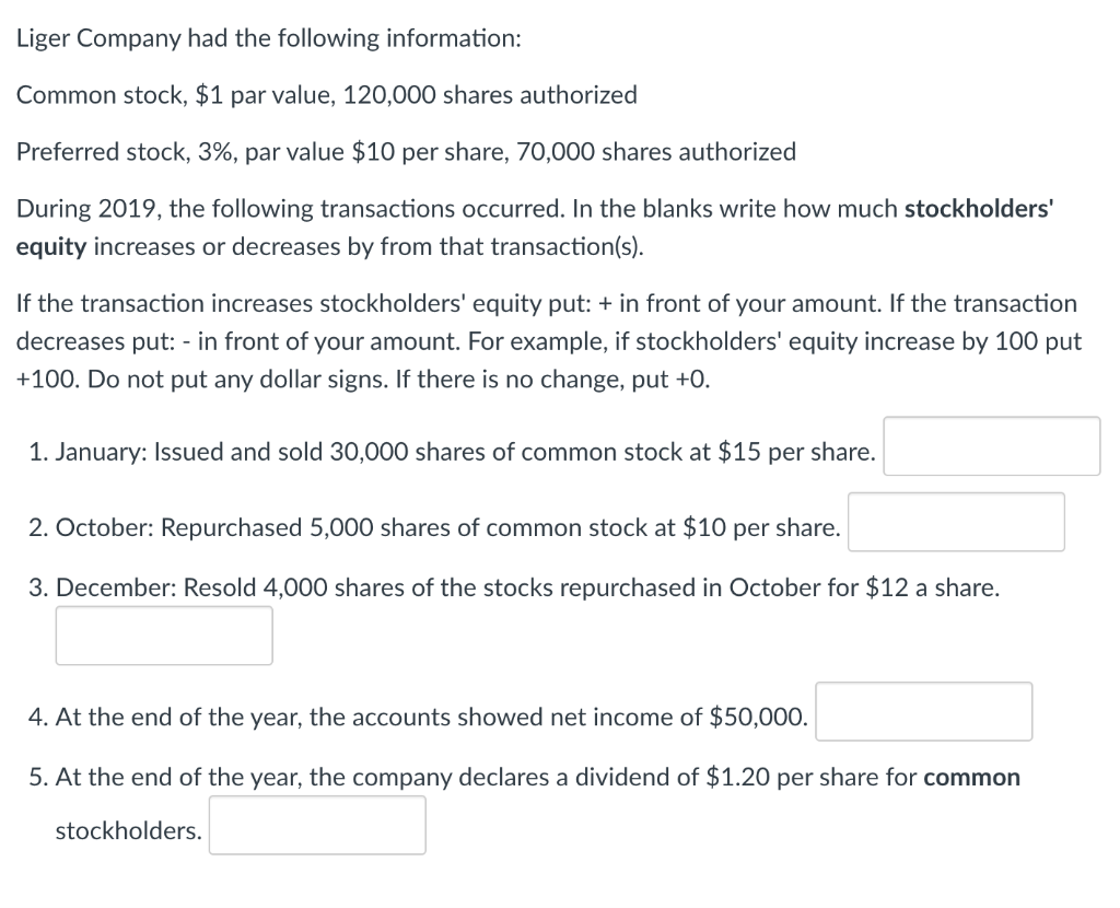 Solved Liger Company had the following information: Common | Chegg.com