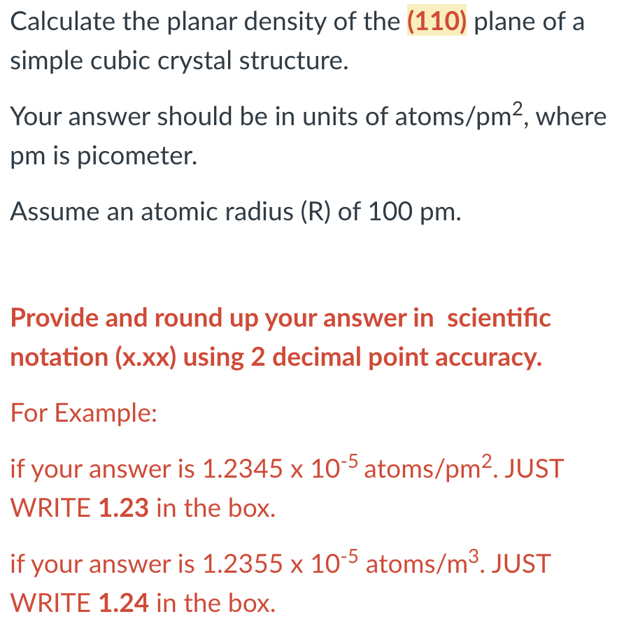 Solved Calculate the planar density of the (110) plane of a | Chegg.com