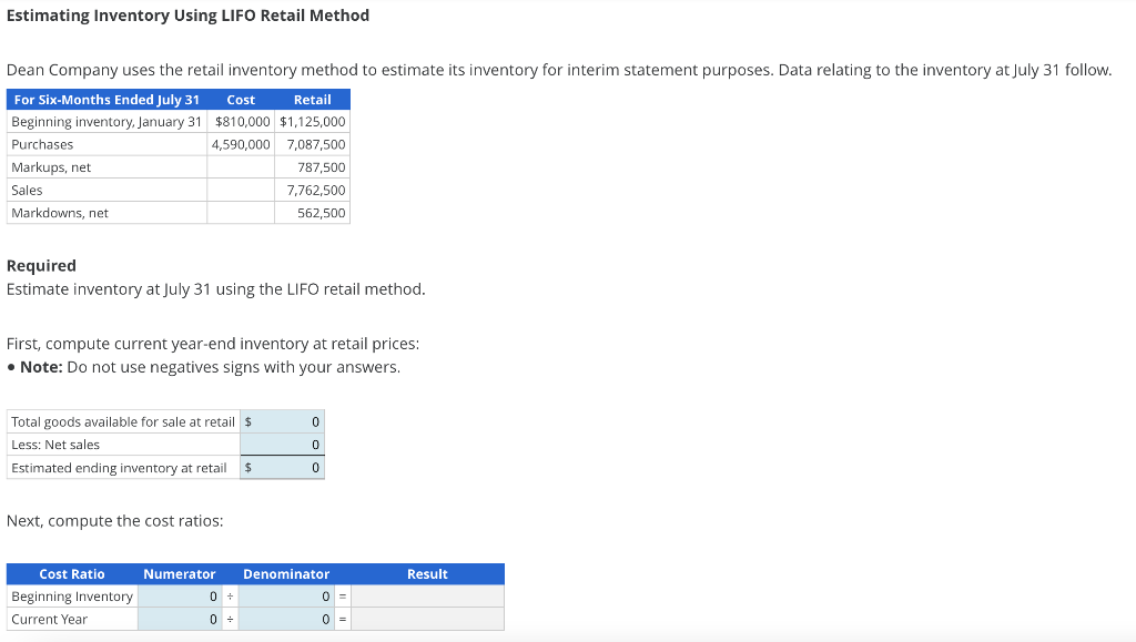 Solved Estimating Inventory Using LIFO Retail Method Dean | Chegg.com