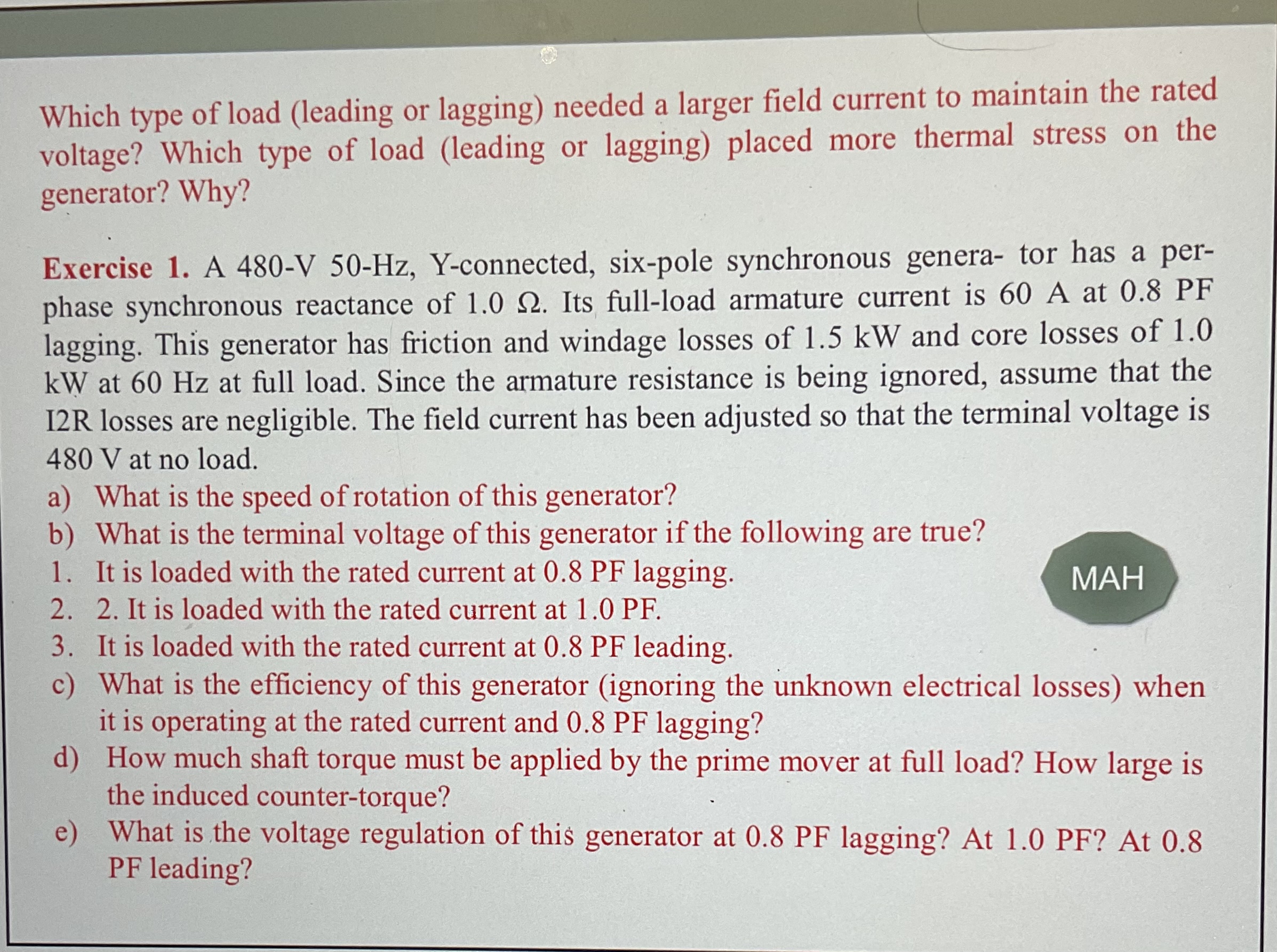 Which type of load (leading or lagging) needed a | Chegg.com