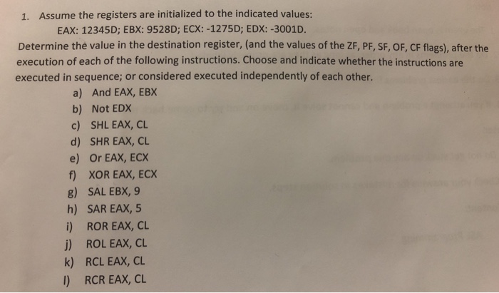 Solved 1. Assume the registers are initialized to the | Chegg.com