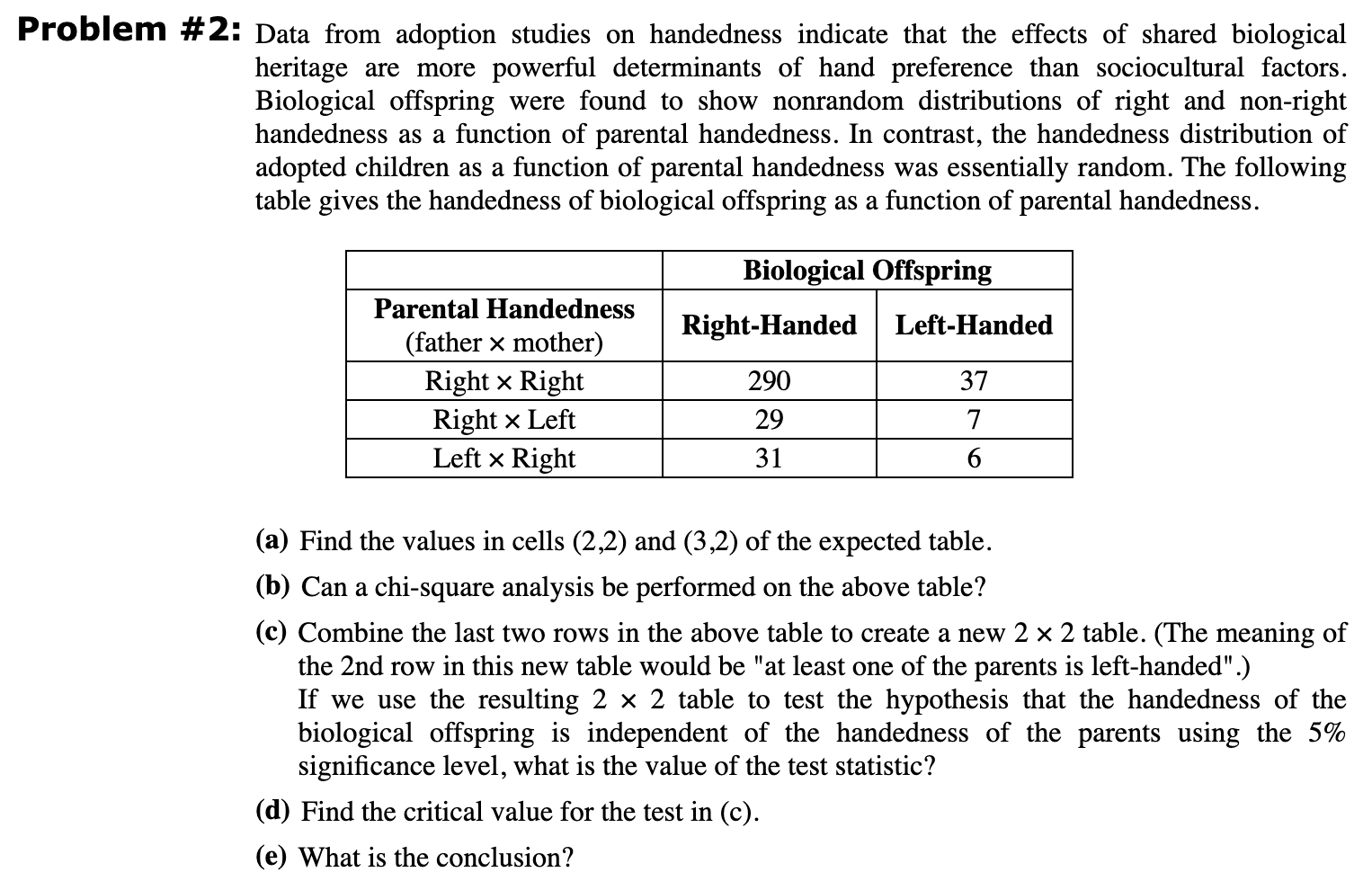 Solved : Data from adoption studies on handedness indicate | Chegg.com