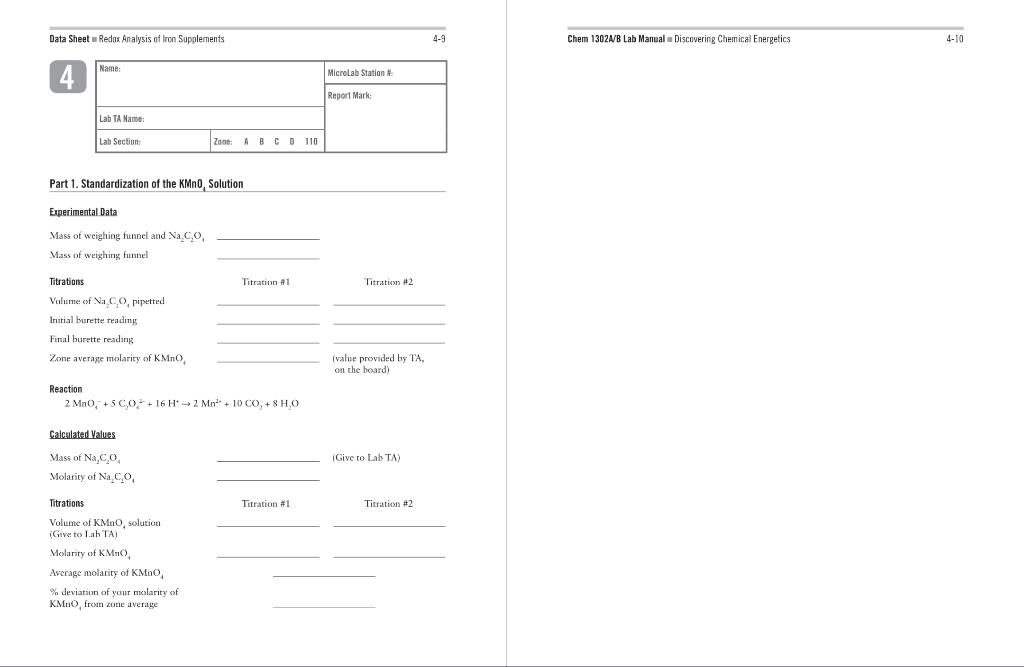 Solved Data Sheet Redox Analysis of Iron Supplements 4-9 | Chegg.com