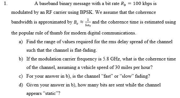 Solved A baseband binary message with a bit rate R- 100 kbps | Chegg.com
