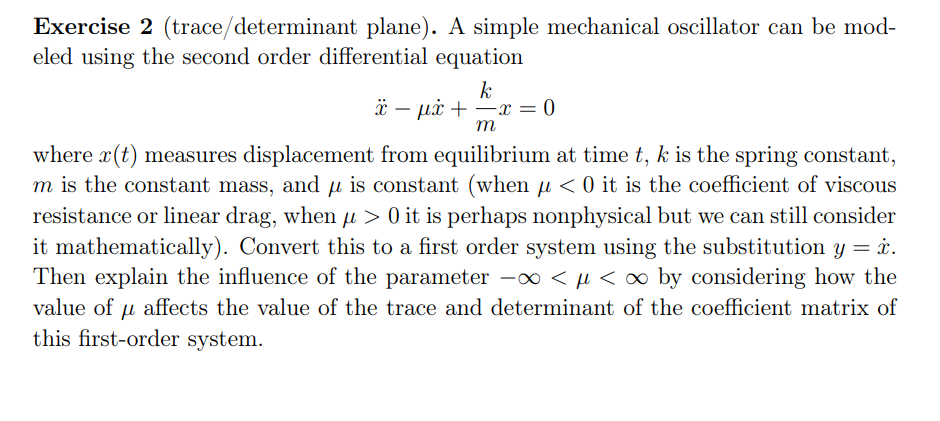 Solved Exercise 2 (trace/determinant plane). A simple | Chegg.com