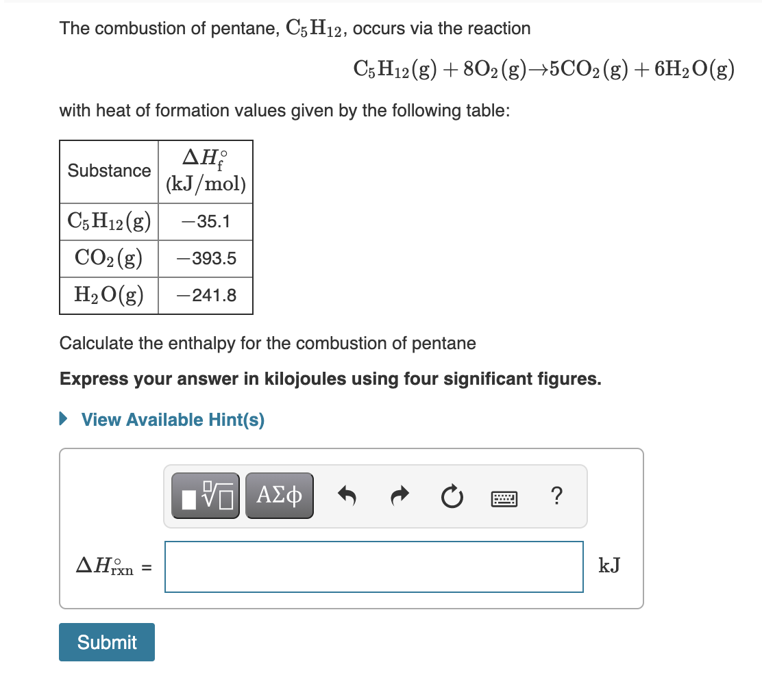 Solved The combustion of pentane, C5H12, occurs via the | Chegg.com