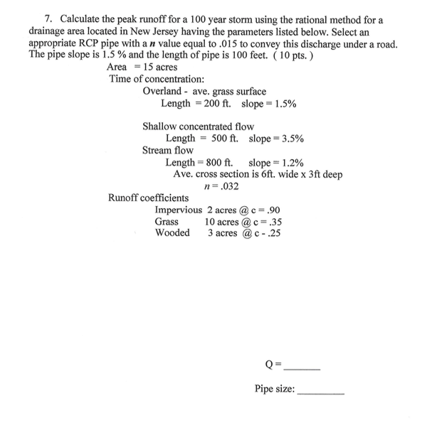 Solved 7. Calculate the peak runoff for a 100 year storm | Chegg.com