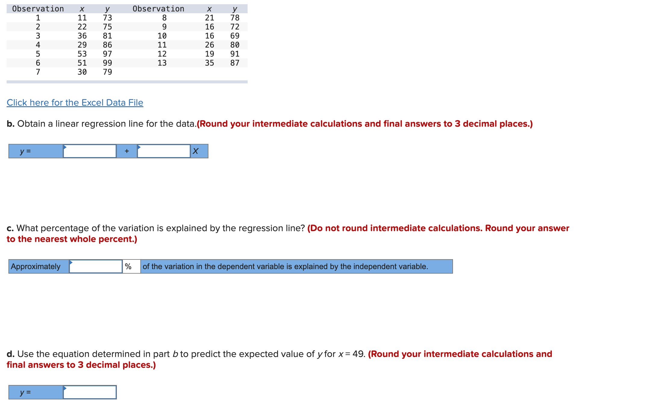 Solved Click here for the Excel Data File b. Obtain a linear | Chegg.com